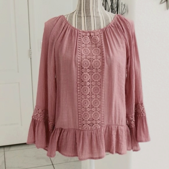 Retrology | Tops | Retrology Rose Ruffle Long Sleeve Gauze Peasant ...